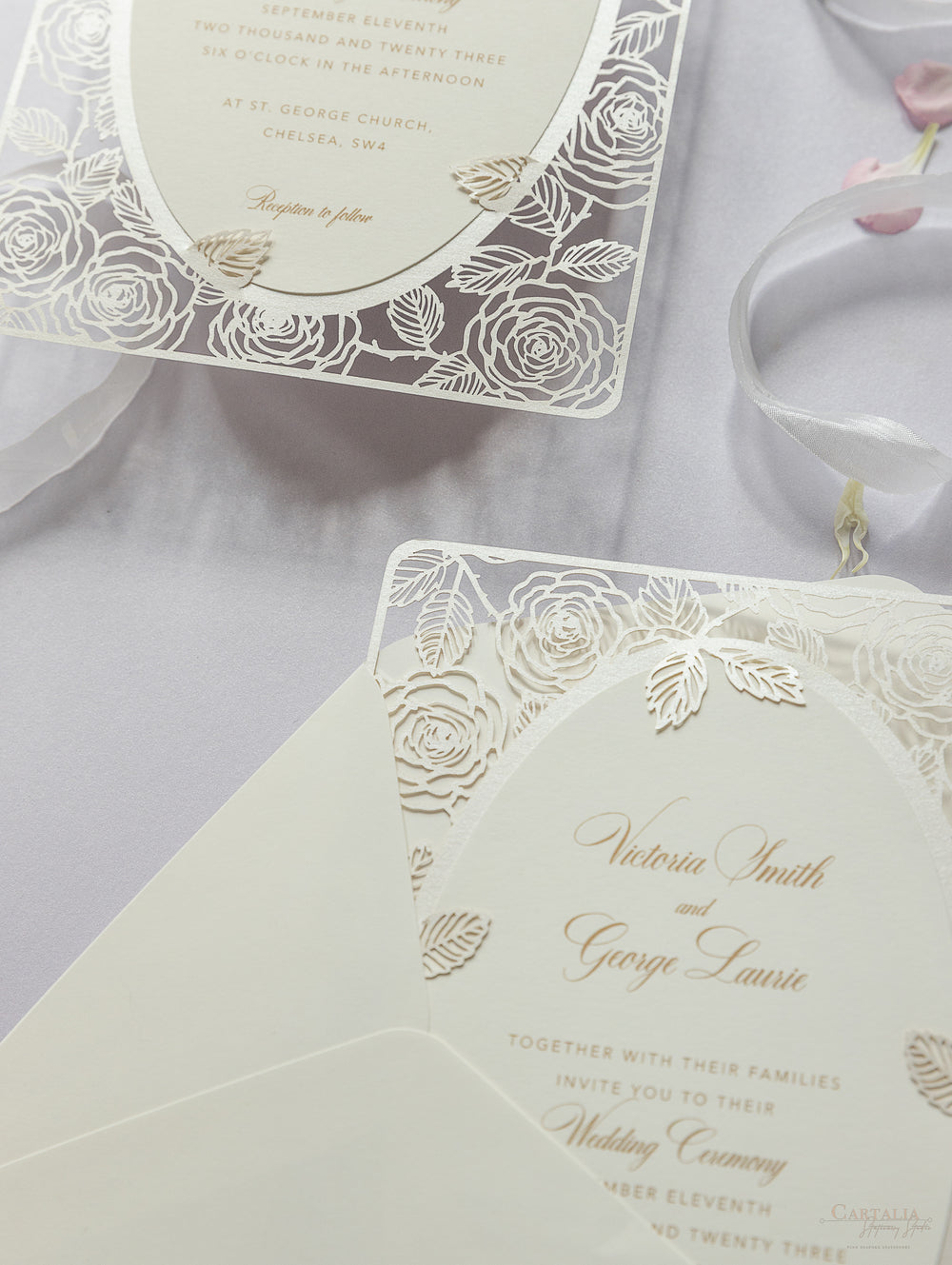 Champagne Romantic Roses Mirror Laser Cut Wedding Day Invitation – Cartalia