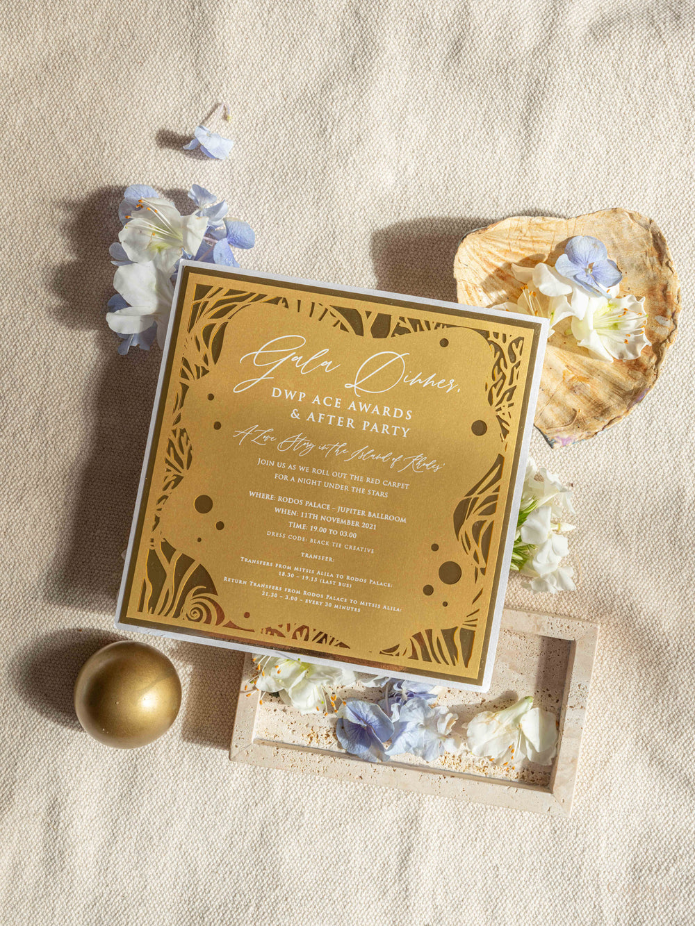 DWP Congress Gala Dinner Stationery with Gold Mirror and Coral Reef Cu ...