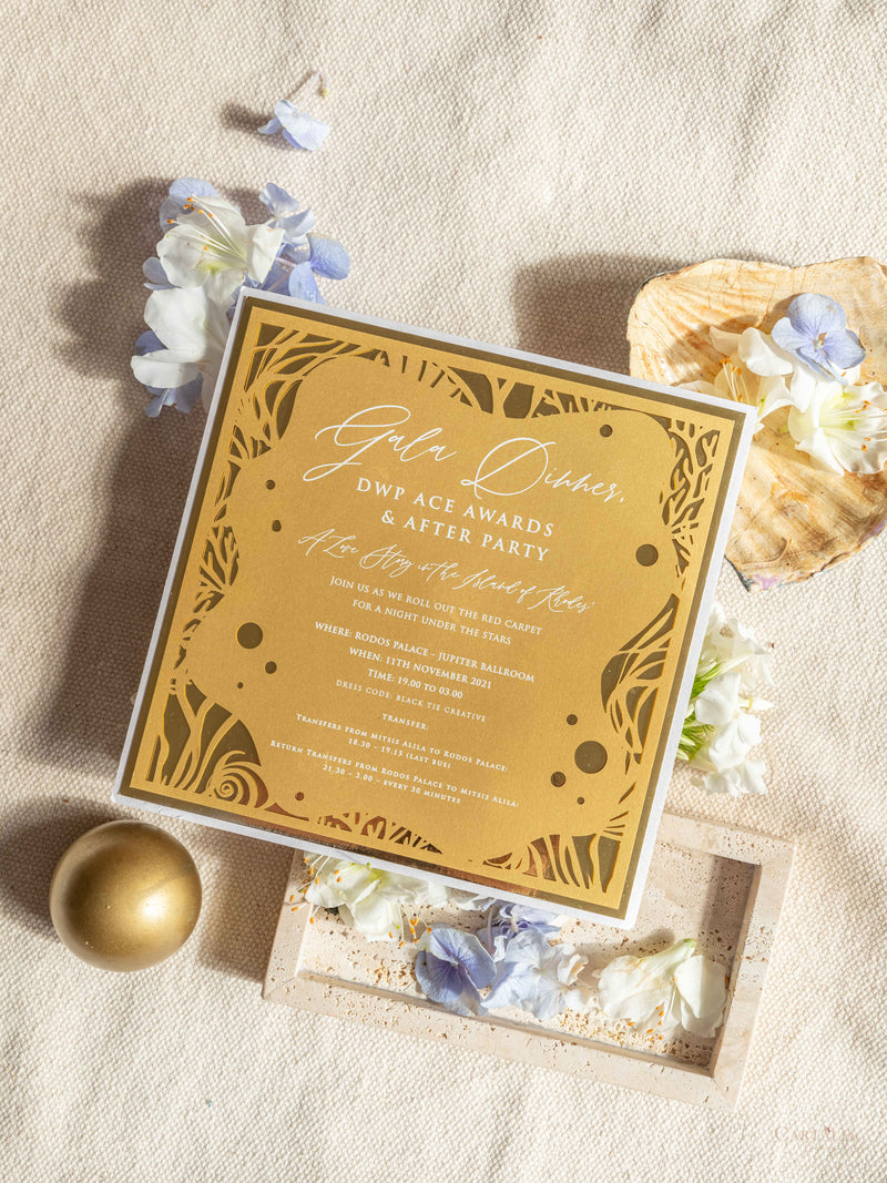 DWP Congress Gala Dinner Stationery with Gold Mirror and Coral Reef Cu ...