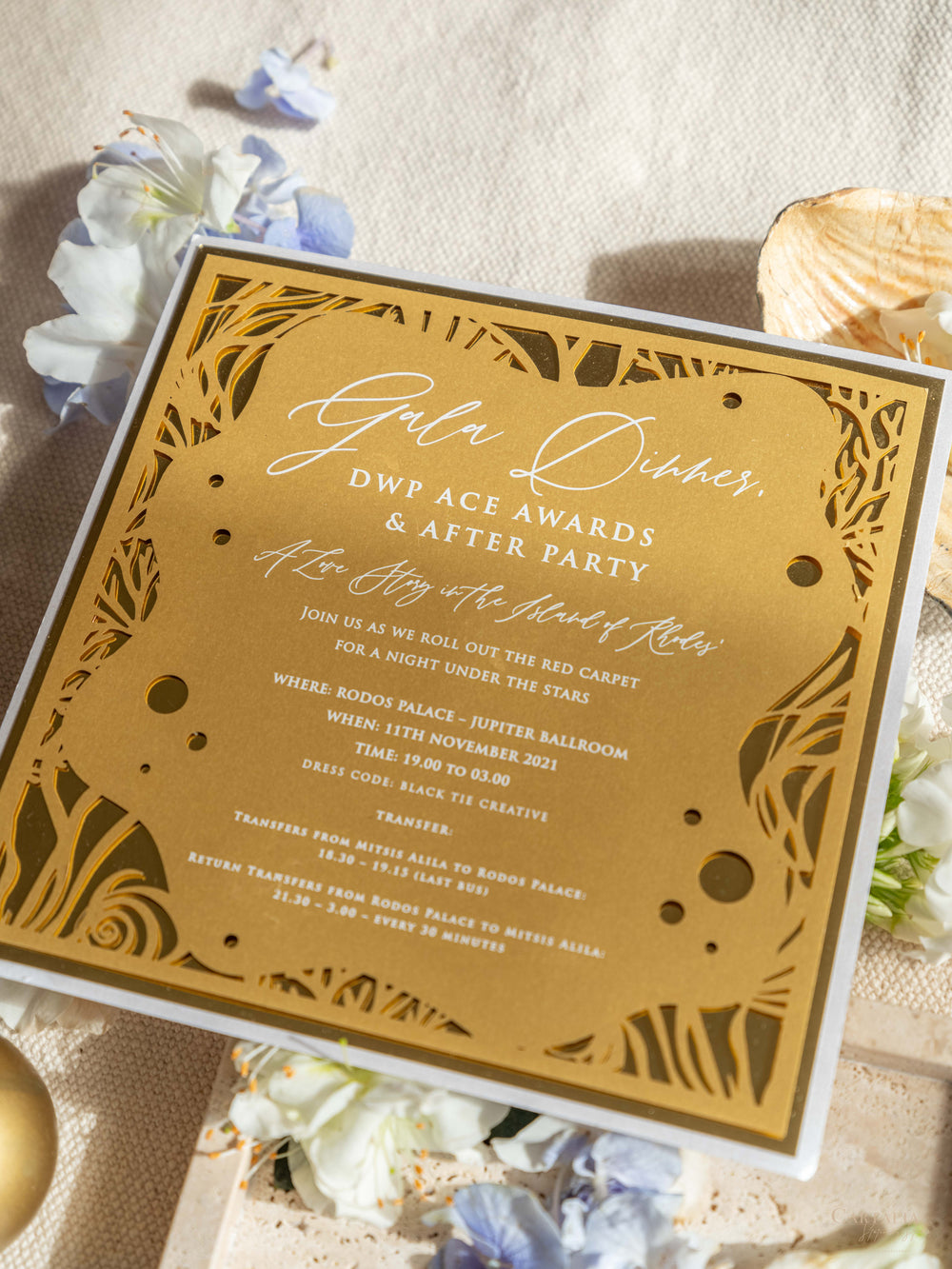 DWP Congress Gala Dinner Stationery with Gold Mirror and Coral Reef Cu ...