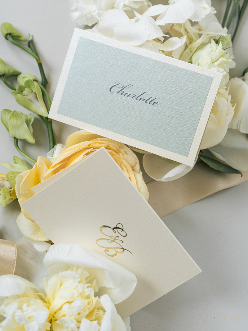 Sage Green & Champagne Place Cards with Gold Foil Monogram – Cartalia