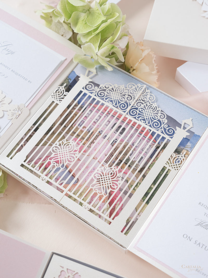 Bespoke Couture 3D Box Invitation With Laser Cut Gate | Venue of Villa ...