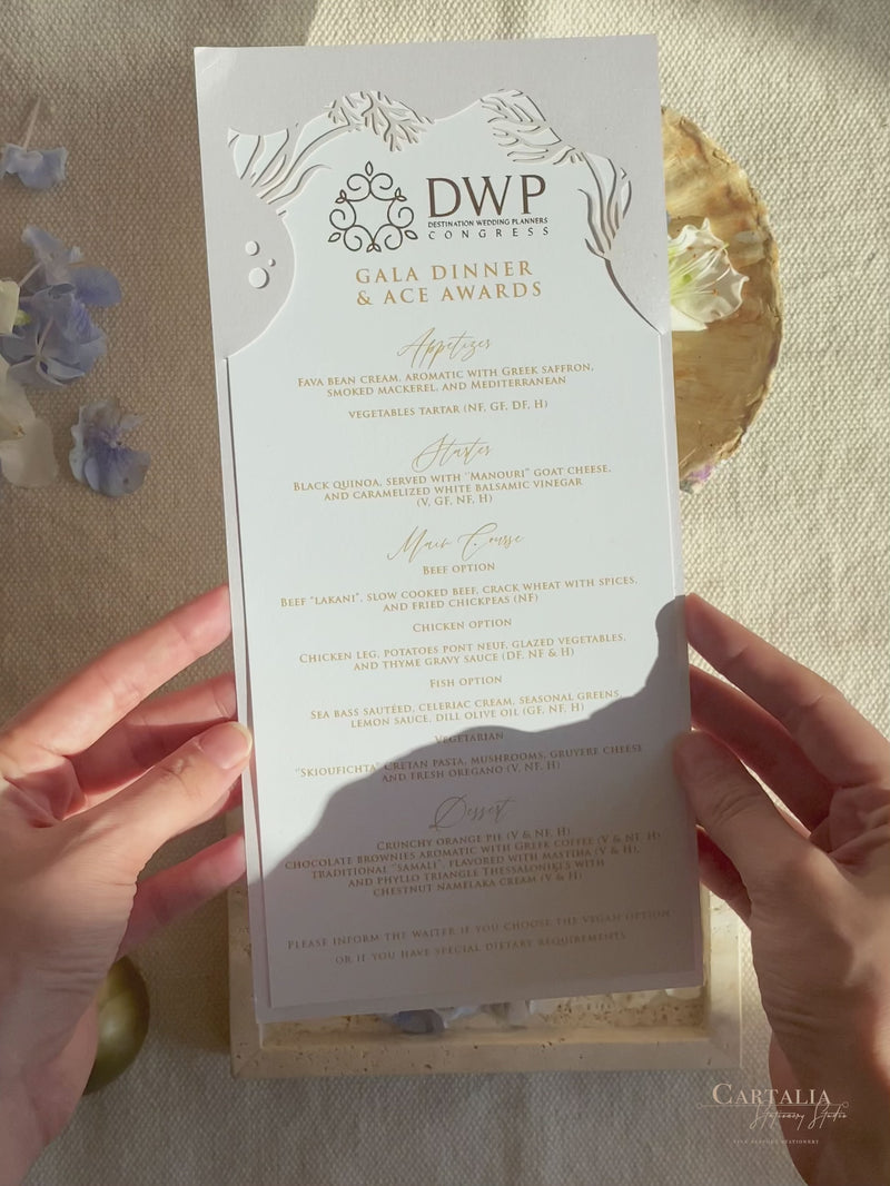 DWP Congress Menu with Gold Foil, Laser Cut Coral Reef | Rhodes Island ...