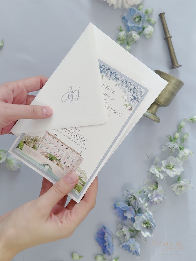 Custom Venue Watercolor Save the Date with Floral Hydrangeas Hand Pain ...