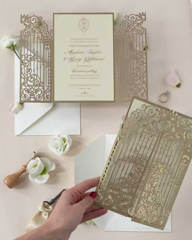 Luxury Foil Golden Ornamental Gate Laser Cut Wedding Day Invitation wi ...