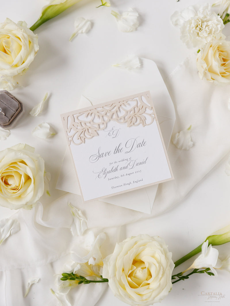 Classic Elegance Laser cut Save The Date Card In Champagne – Cartalia