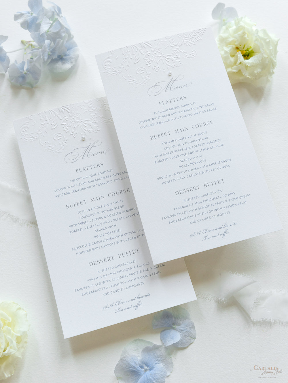 Delicate Luxurious Embossed Menu Cards with Pearl Detail – Cartalia