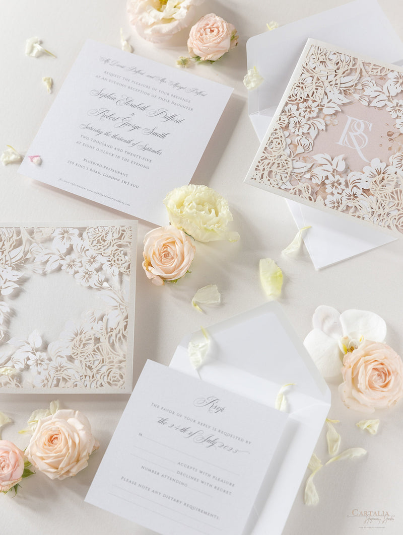 Luxury 2 Tier - Romantic Laser Cut Pocket Invitation with RSVP Card Su ...