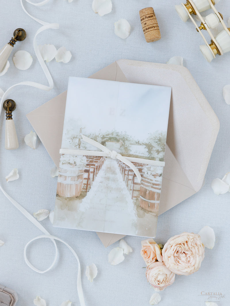 Custom Watercolour Venue Invitation on Vellum with Velvet Ribbon | Bes ...