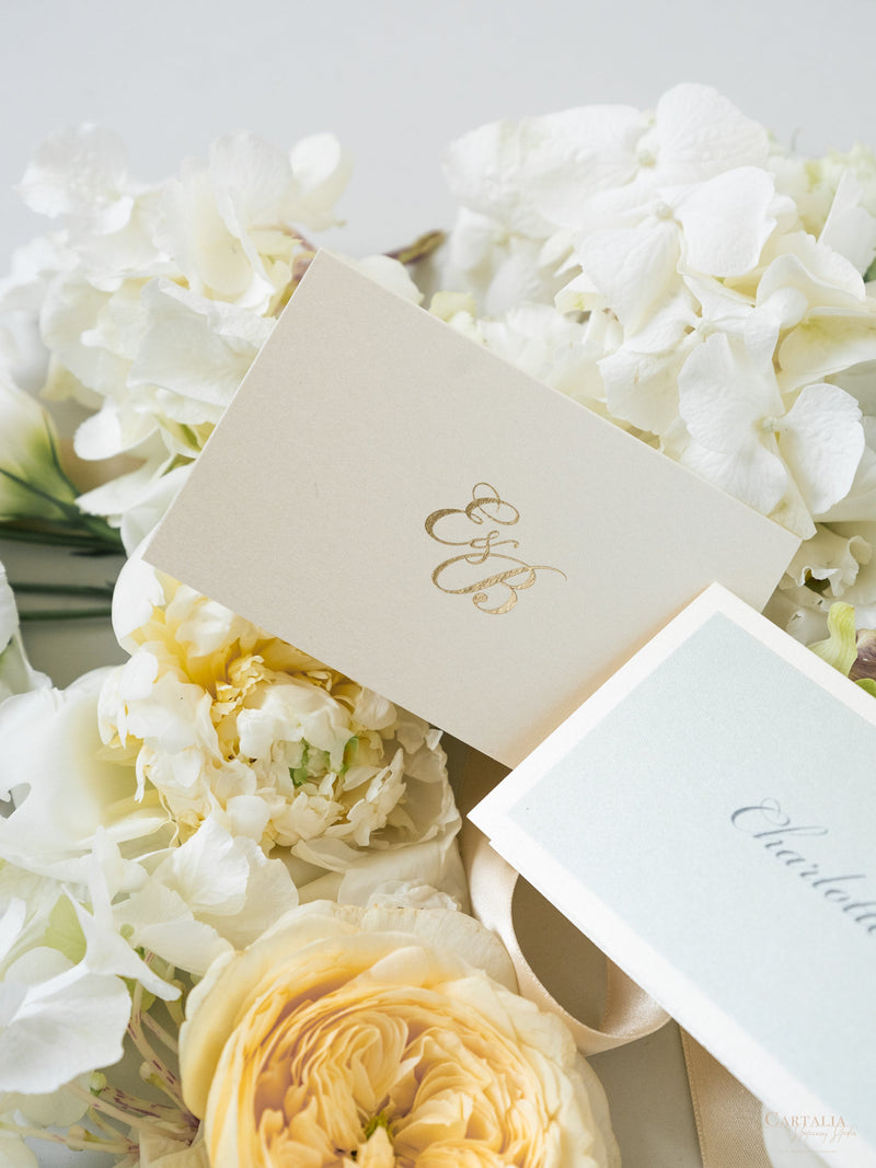 Sage Green & Champagne Place Cards with Gold Foil Monogram – Cartalia