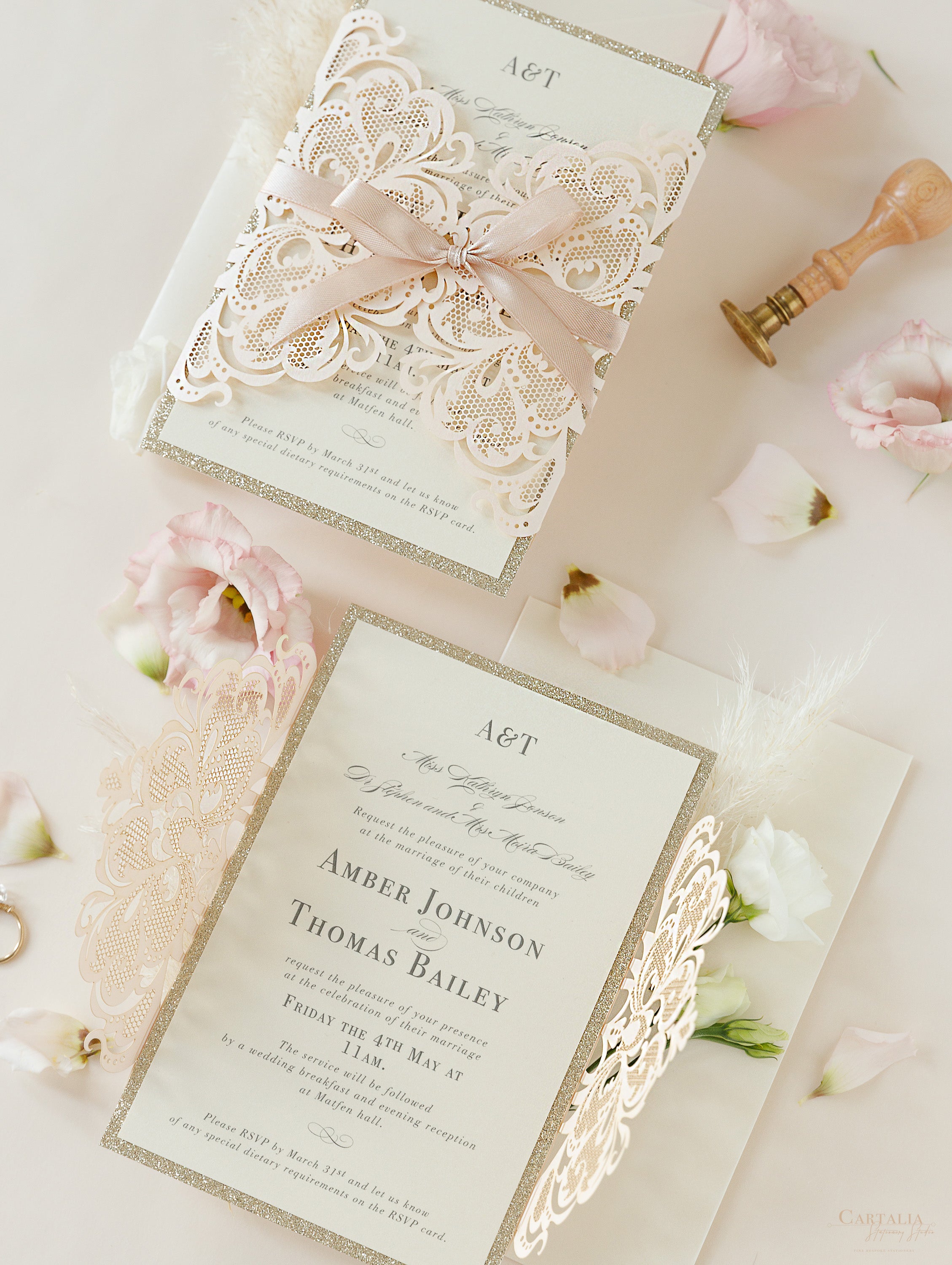 Dusty Rose Metallic Opulence Collection Ribbon Tie Invitation with Gol Cartalia