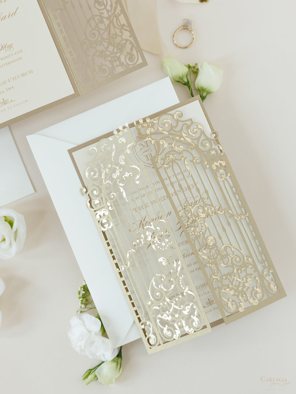 Luxury Foil Golden Ornamental Gate Laser Cut Wedding Day Invitation wi ...