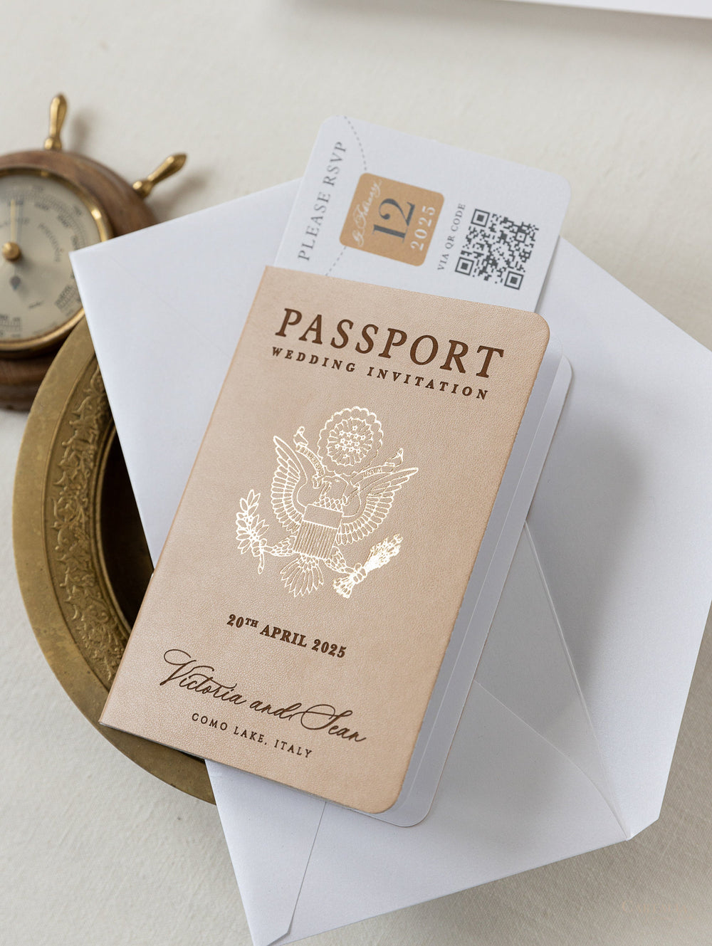 Premium Nude Leather Passport Invitations with Gold Foil & Personal En ...