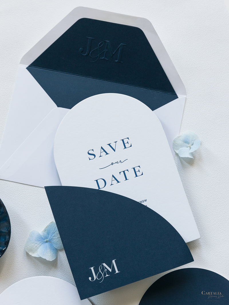 Arch Style Deluxe Navy & White Save the Dates | Bespoke Commission J&M ...