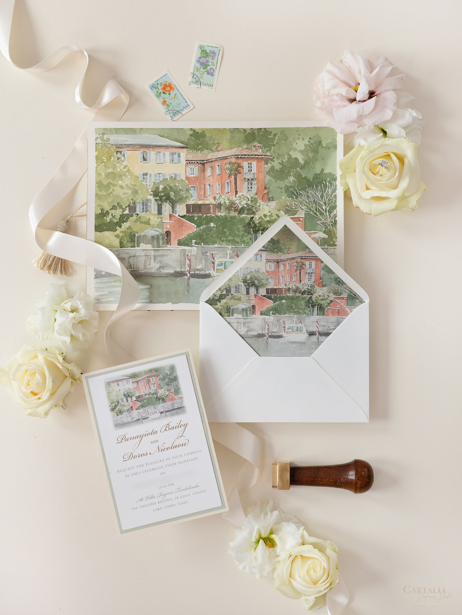 Custom Watercolour Wedding Venue Invitation with Gold Foil | Villa Reg ...