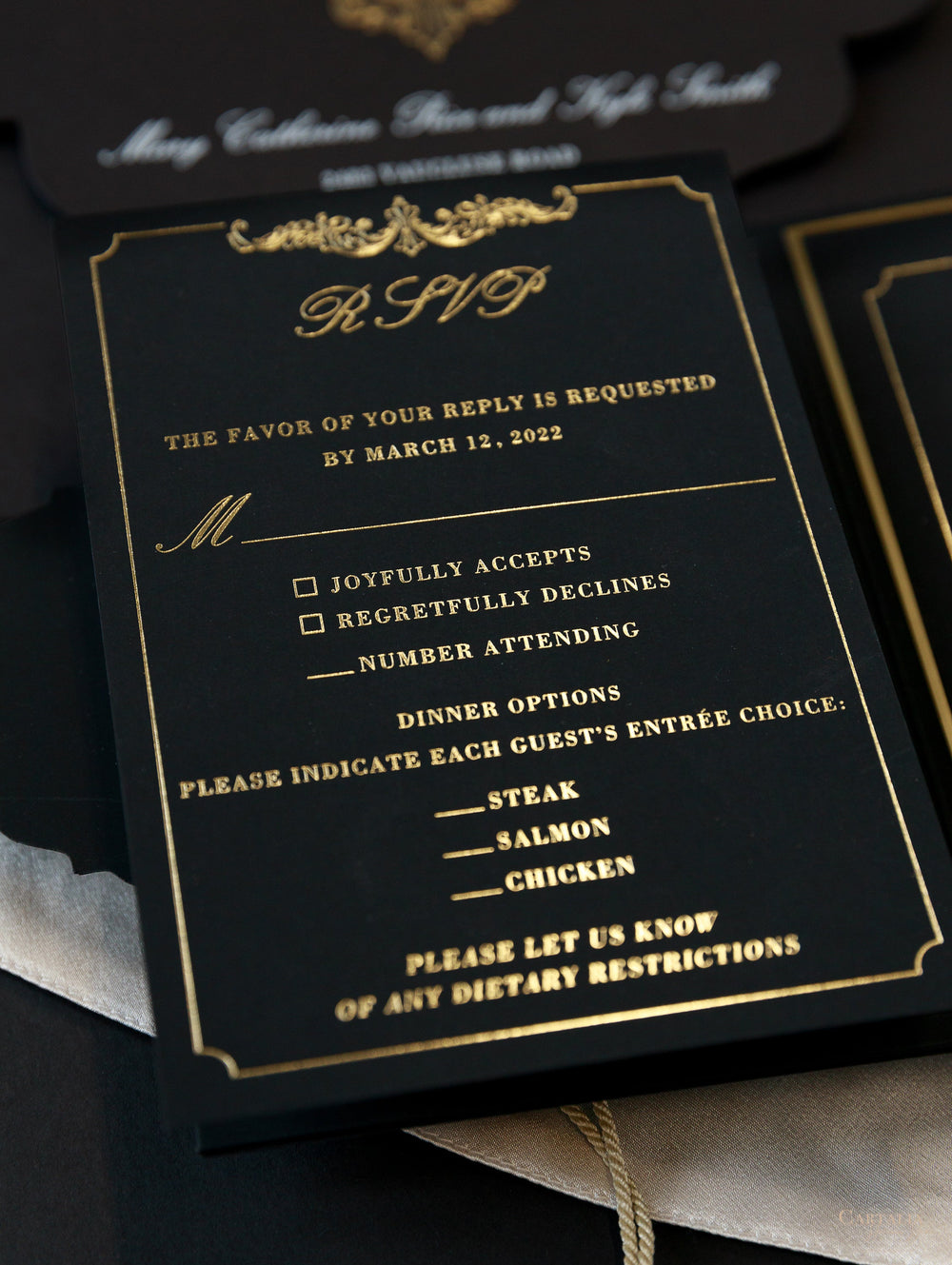 Black Velveteen Luxury Gold Foil Invitation pocket fold suite for Wedd ...