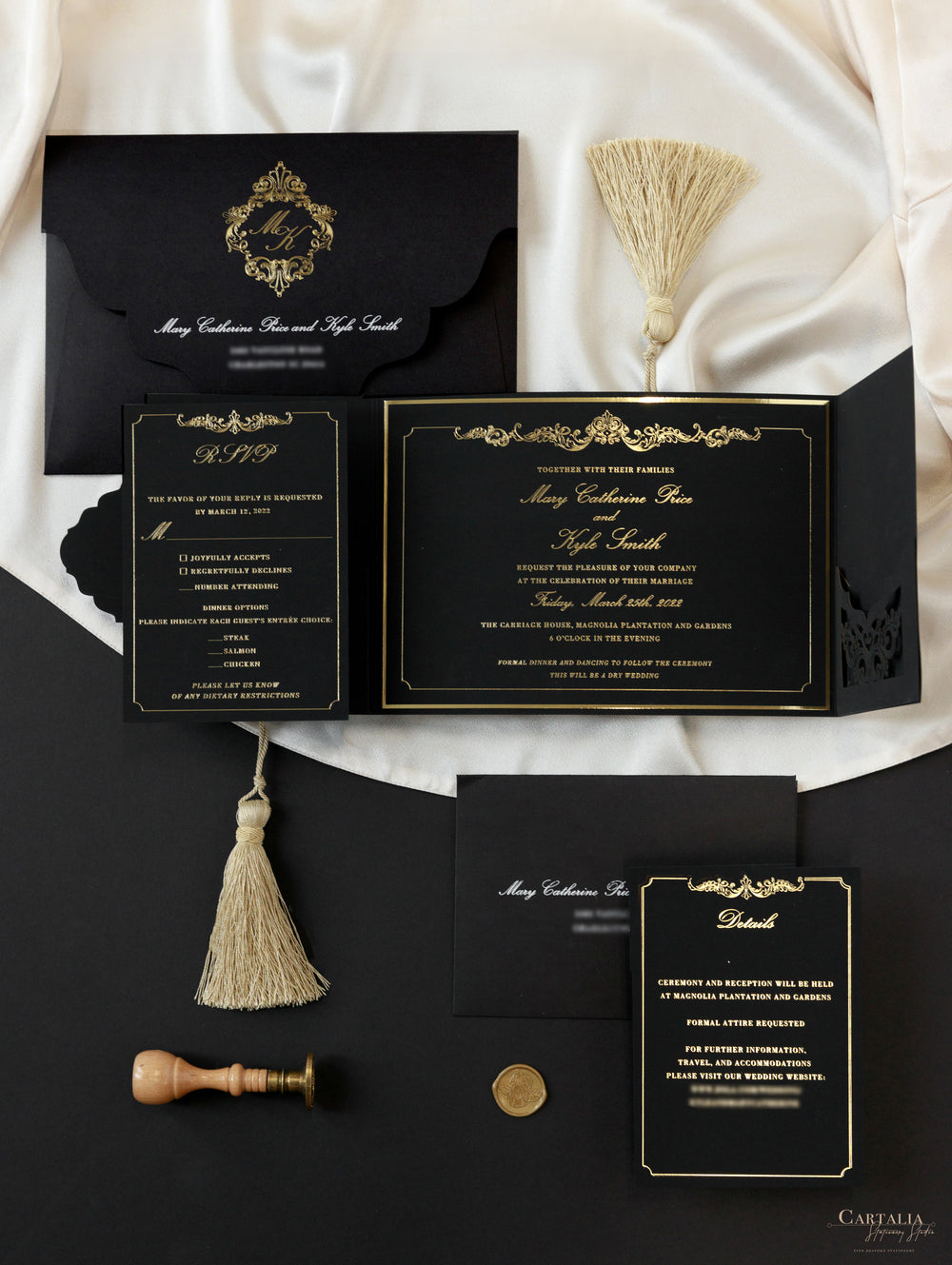 Black Velveteen Luxury Gold Foil Invitation pocket fold suite for Wedd ...