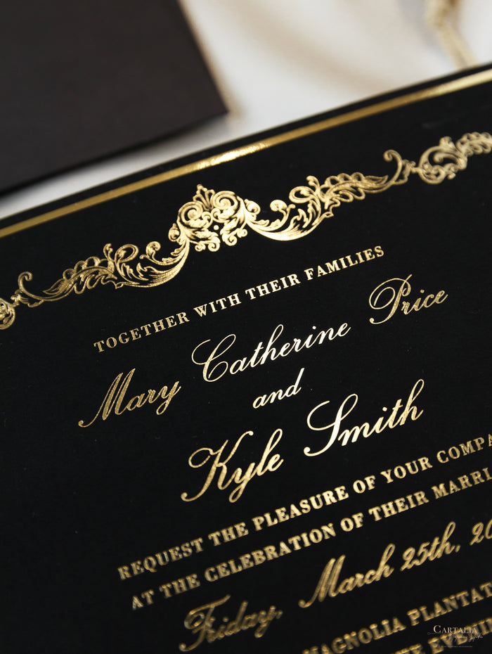 Black Velveteen Luxury Gold Foil Invitation pocket fold suite for Wedd ...