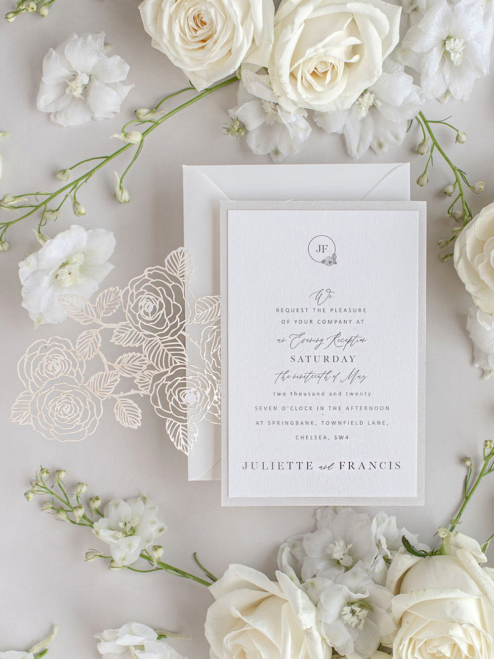 Intricate Laser Cut Rose Detail Evening Invitation – Cartalia