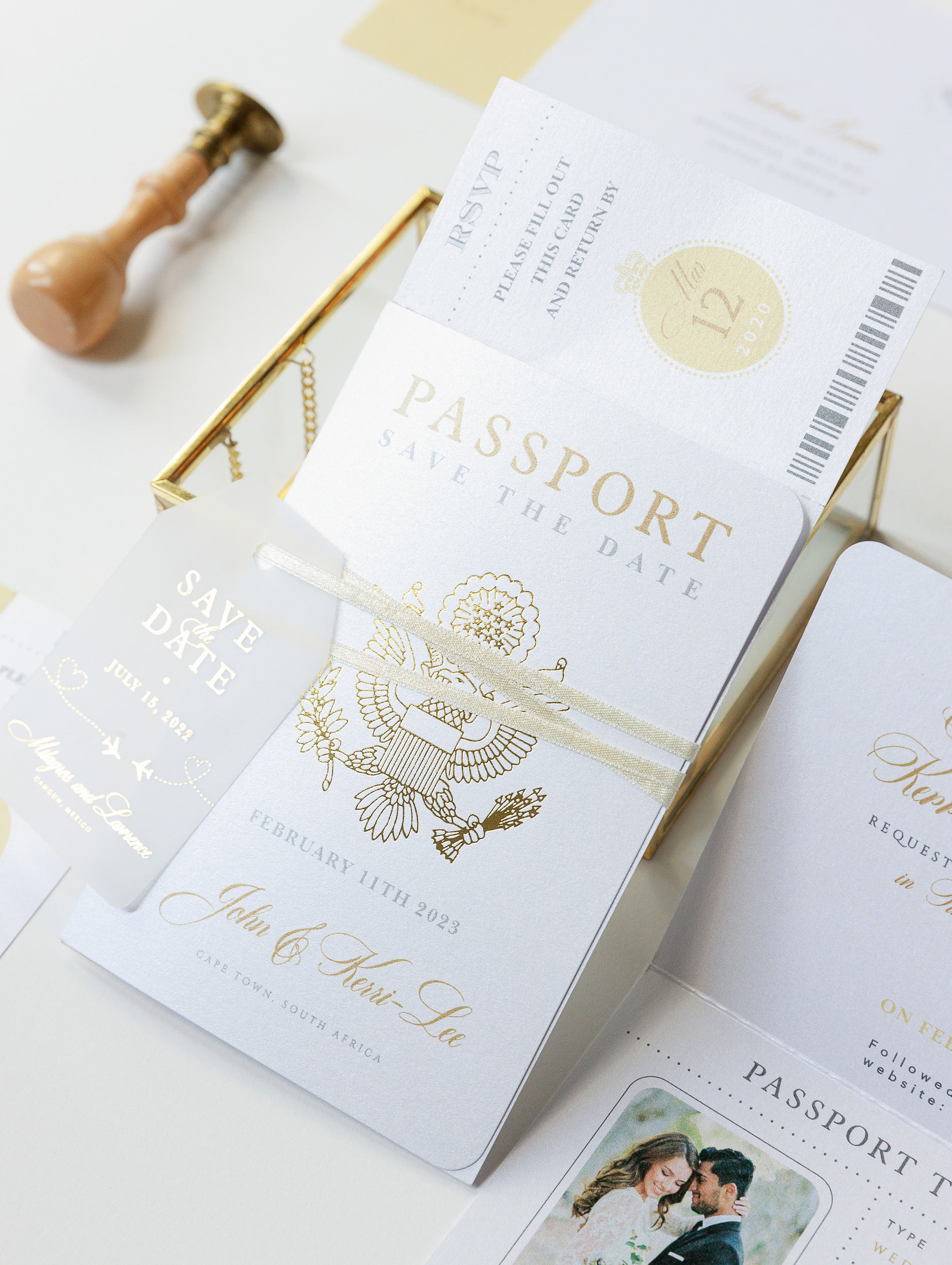 Passport Wedding Save the Date Vellum with Gold Foil Boarding Pass We Cartalia